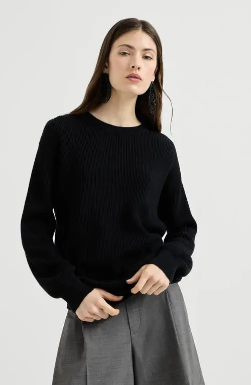 Brunello Cucinelli Cotton English Rib Sweater With Monili - Black