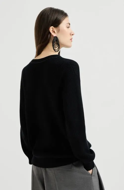 Brunello Cucinelli Cotton English Rib Sweater With Monili - Black