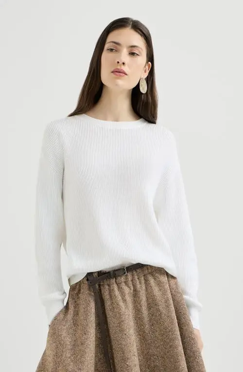 Brunello Cucinelli Cotton English Rib Sweater With Monili - White