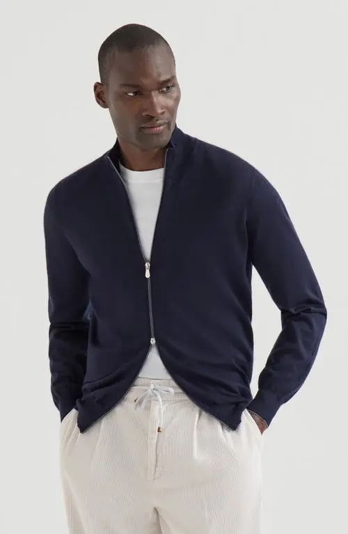 Brunello Cucinelli Cashmere And Silk Lightweight Cardigan With Zipper - Navy Blue