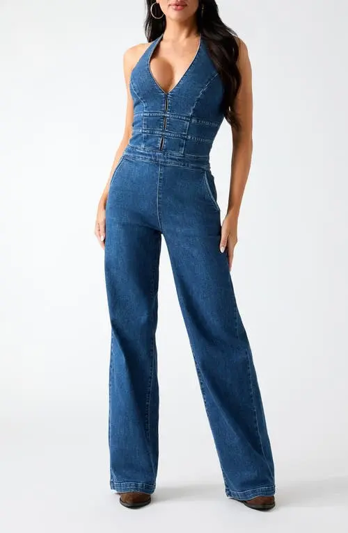 Guess Val Halter Denim Jumpsuit - Blue