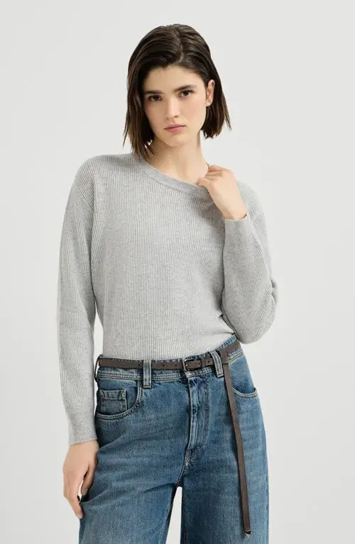 Brunello Cucinelli Cashmere English Rib Sweater With Monili - Light Grey