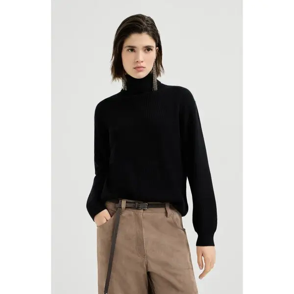 Brunello Cucinelli Cashmere English Rib Turtleneck Sweater With Monili - Black