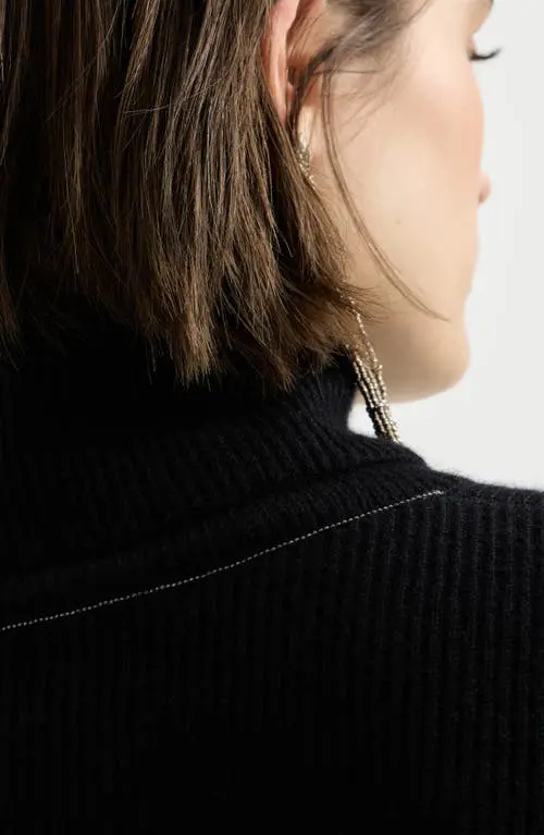 Brunello Cucinelli Cashmere English Rib Turtleneck Sweater With Monili - Black