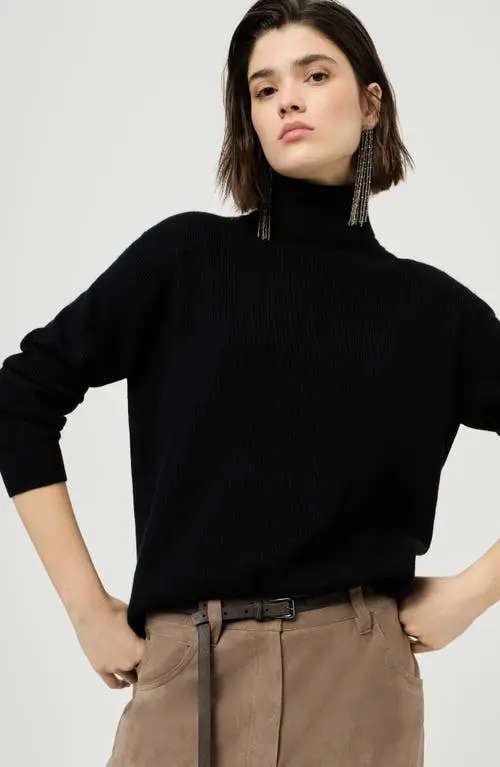 Brunello Cucinelli Cashmere English Rib Turtleneck Sweater With Monili - Black
