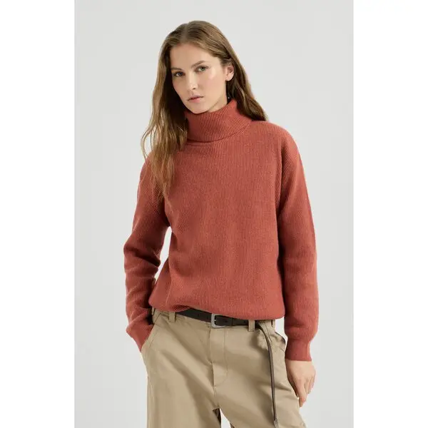 Brunello Cucinelli Cashmere English Rib Turtleneck Sweater With Monili - Firebrick