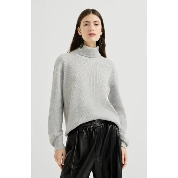 Brunello Cucinelli Cashmere English Rib Turtleneck Sweater With Monili - Pebble