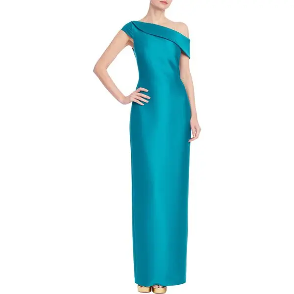 Badgley Mischka One-shoulder Satin Column Gown - Teal
