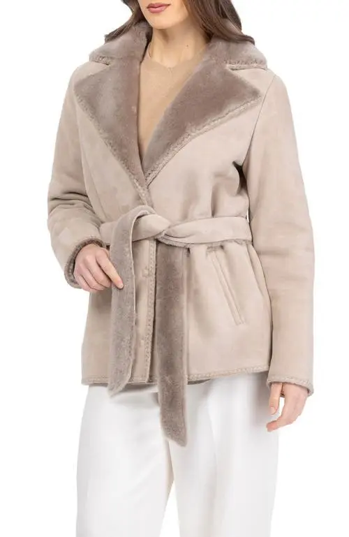 Gorski Genuine Shearling Belted Jacket With Whipstitch Trim - Taupe