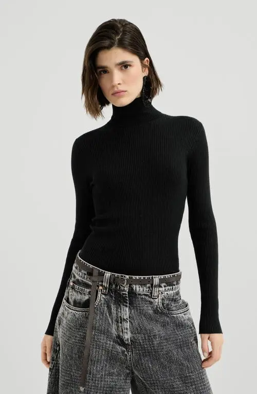 Brunello Cucinelli Lightweight Turtleneck Sweater In Sparkling Cashmere And Silk Rib Knit - Black