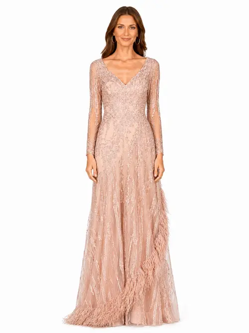 LARA NEW YORK Long Sleeve V-neck Lace Gown With Feather Embellishments - Blush