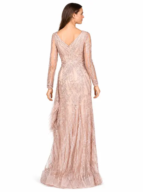 LARA NEW YORK Long Sleeve V-neck Lace Gown With Feather Embellishments