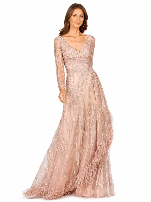 LARA NEW YORK Long Sleeve V-neck Lace Gown With Feather Embellishments