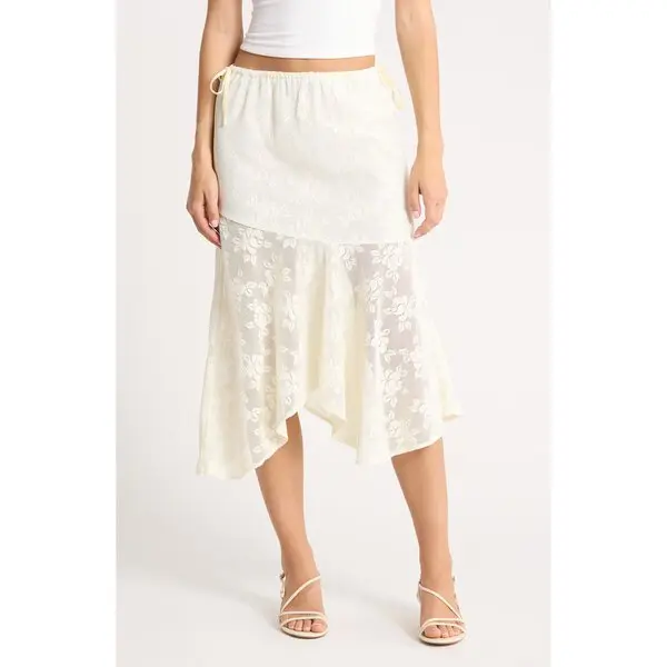 MUSE ASSEMBLY Floral Lace Asymmetric Midi Skirt - Ecru