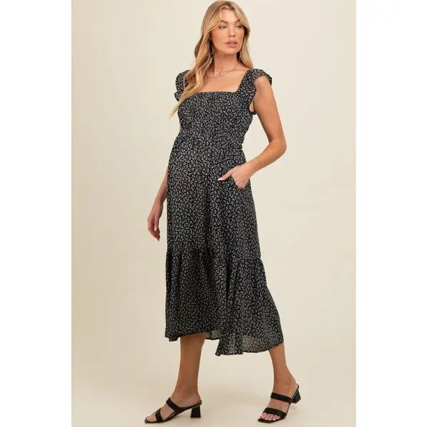 PINKBLUSH Floral Print Smocked Bodice Ruffled Strap Midi Dress - Black