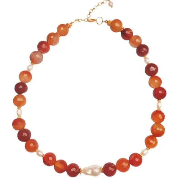 WAY TO CHIC Brown / White Brown Agate & Pearl Statement Necklace