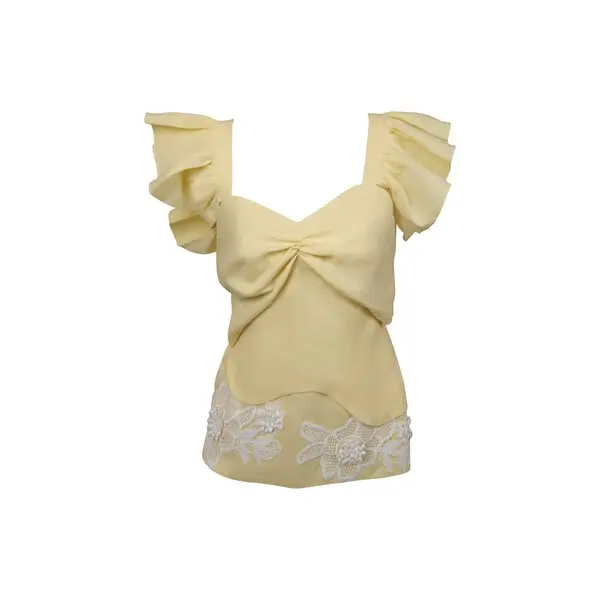 MUDA CLOTHING FZ LLC Linen Sweetheart Neckline Ruffle Sleeve Top With Lace Embellishment