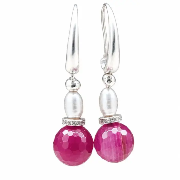 Way To Chic Freshwater Pearl And Faceted Agate Drop Earrings - Purple/silver/grey