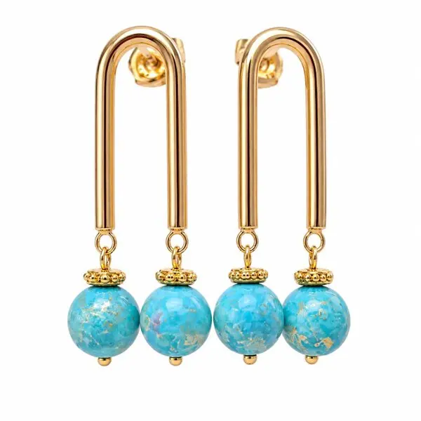 WAY TO CHIC Gold Plated Double Turquoise Jade Drop Earrings - Blue/gold