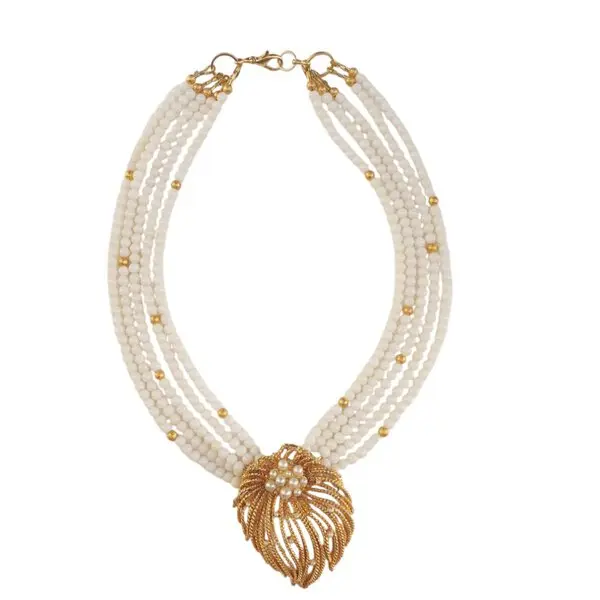 WAY TO CHIC White / Gold Sea Bamboo Statement Necklace With Brooch Pendant
