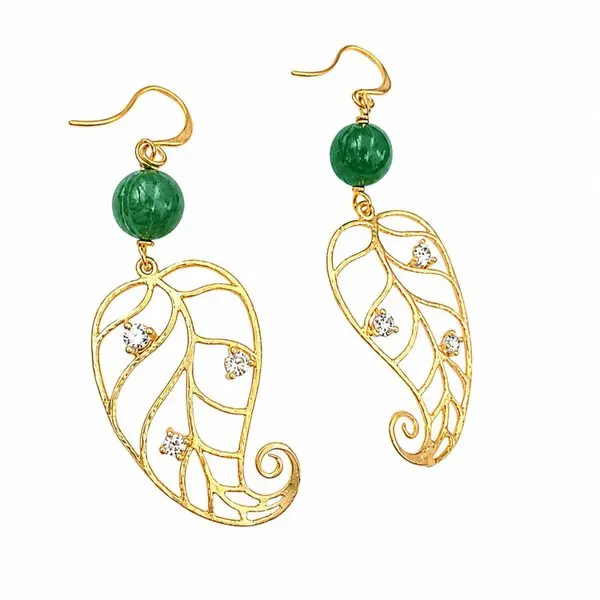 WAY TO CHIC Gold Plated Leaf Drop Earrings With Green Aventurine And Crystals - Gold/green