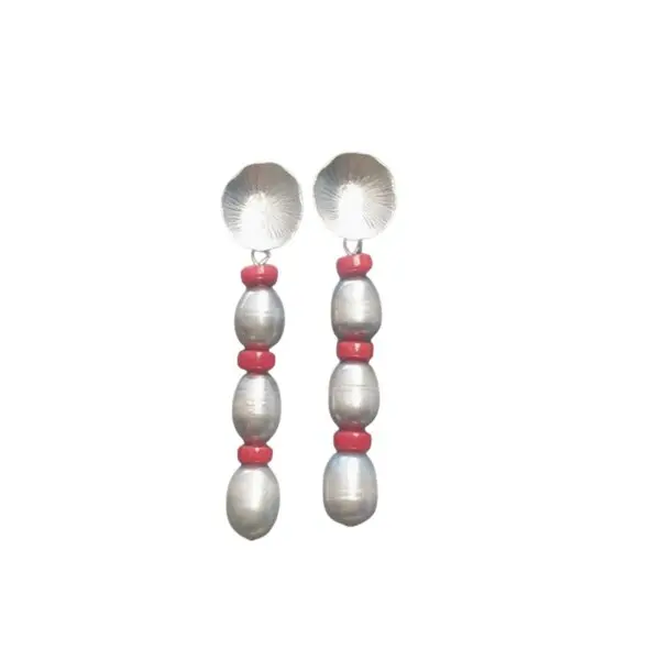 WAY TO CHIC Grey / Silver / Red Stud Earrings With Grey Freshwater Pearls & Red Coral