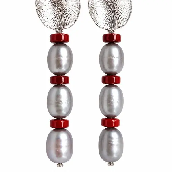 WAY TO CHIC Silver Plated Dangle Earrings With Freshwater Pearls And Red Coral - Grey/silver/red