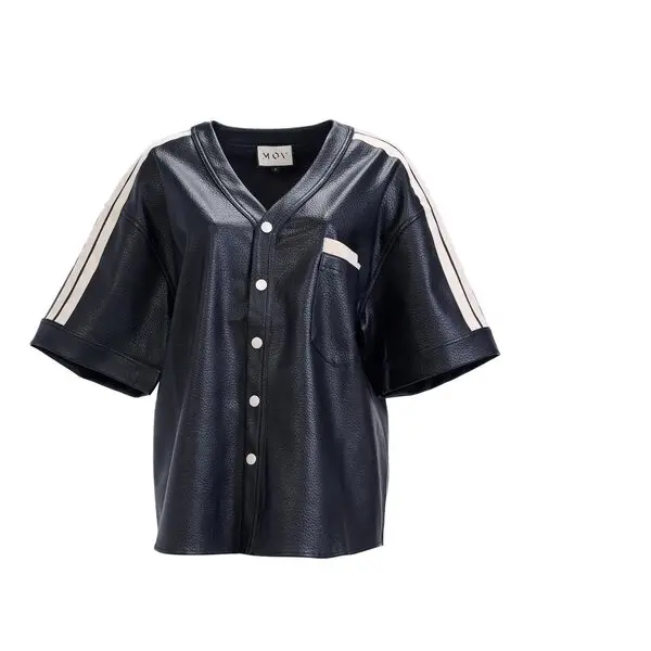 MOV Oversized Vegan Leather Short Sleeve Shirt With Side Stripe Detail