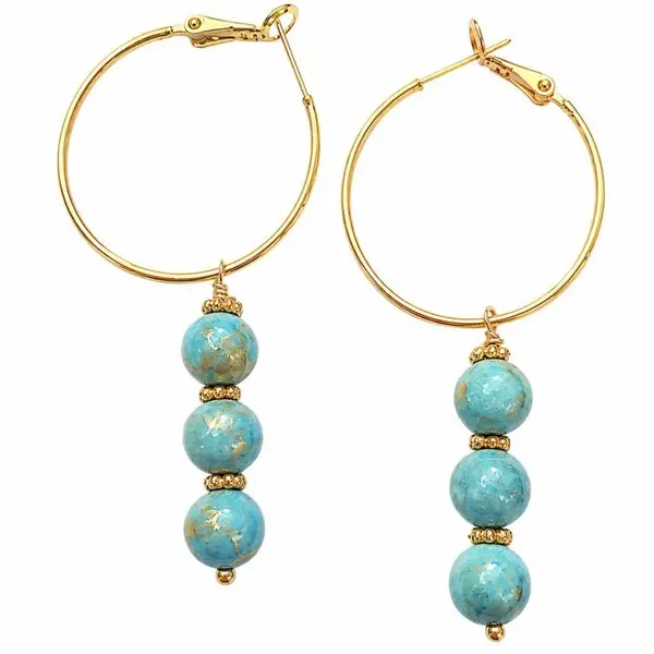 WAY TO CHIC Gold Plated Hoop Earrings With Turquoise Jade Beads
