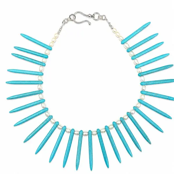 WAY TO CHIC Turquoise Spike And Freshwater Pearl Necklace And Earrings Set - Blue/white