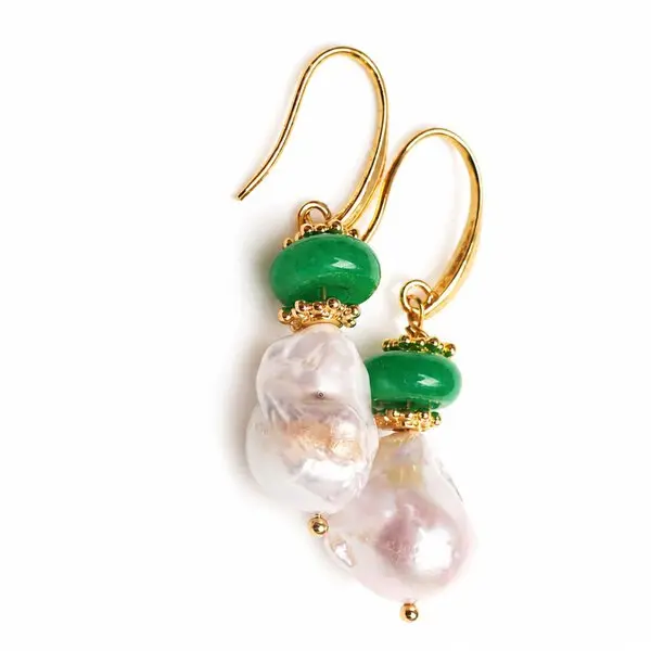 Way To Chic Baroque Pearl And Jade Drop Earrings With Gold Plated Hooks - Green/white/gold