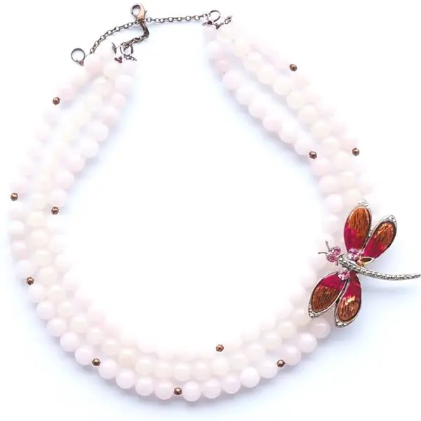 WAY TO CHIC Rose Quartz Necklace With Dragonfly Brooch To The Side