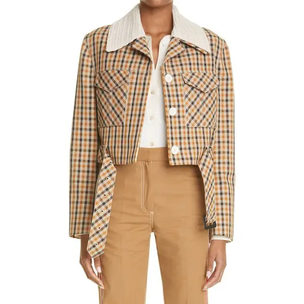WALES BONNER Kalimba Plaid Crochet Collar Crop Jacket