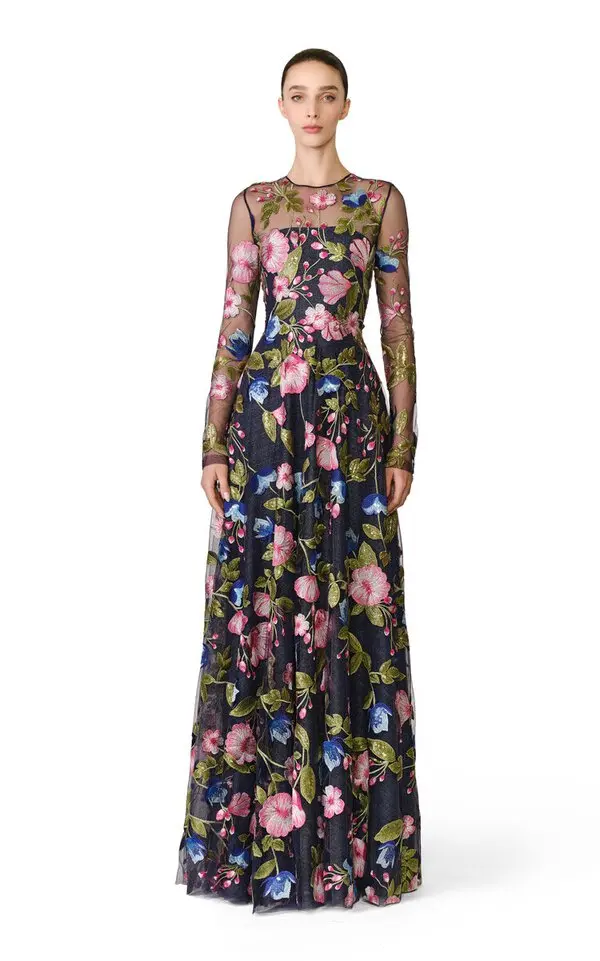 Naeem Khan Sequin Floral Lace Long Sleeve Gown