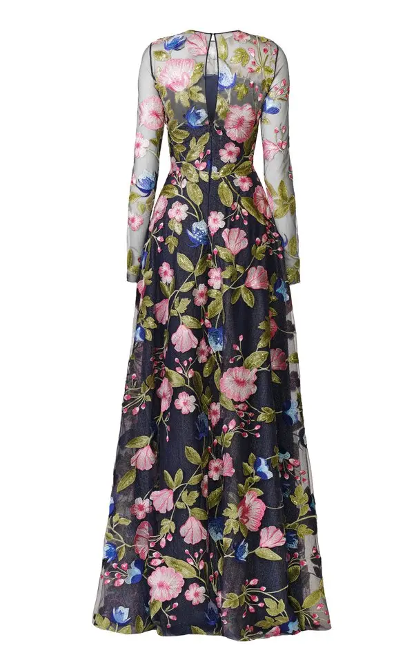 Naeem Khan Sequin Floral Lace Long Sleeve Gown