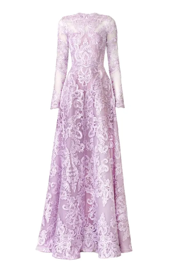 Naeem Khan Ribbon Lace Long Sleeve Gown