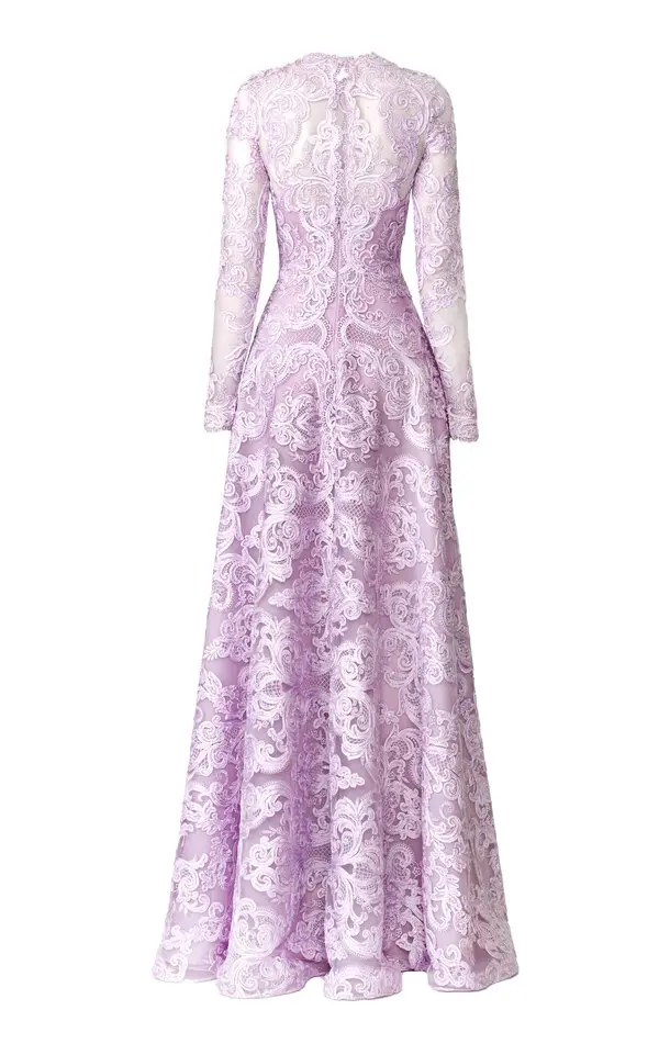 Naeem Khan Ribbon Lace Long Sleeve Gown
