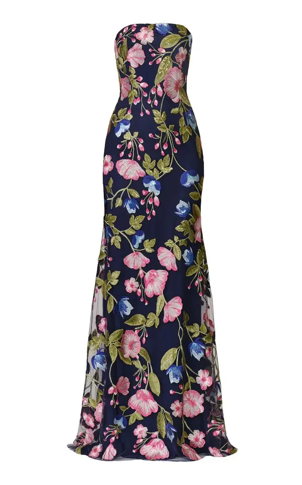Naeem Khan Sequin Floral Lace Strapless Gown