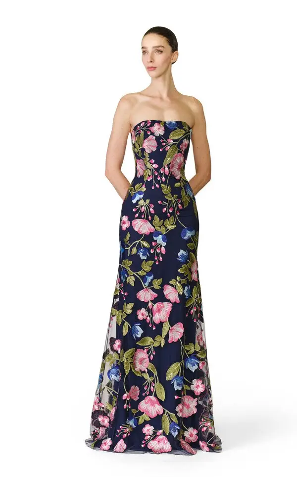 Naeem Khan Sequin Floral Lace Strapless Gown