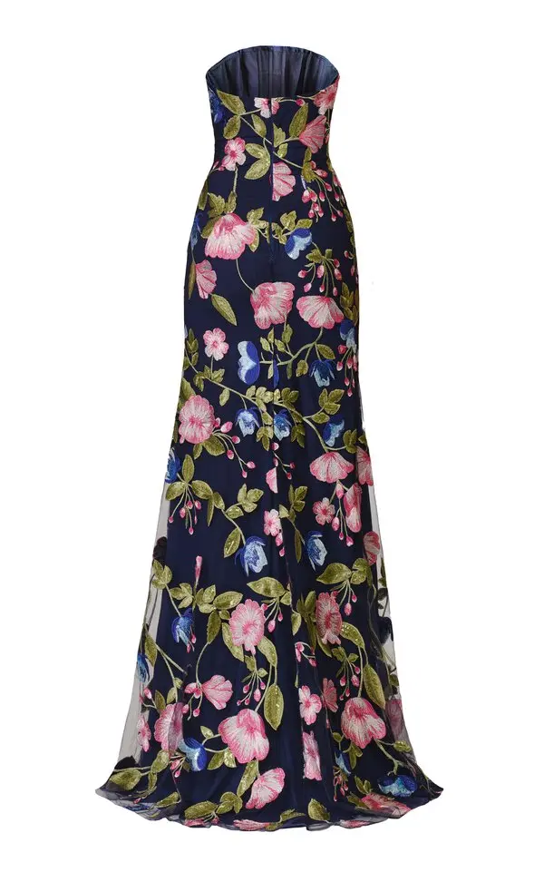 Naeem Khan Sequin Floral Lace Strapless Gown