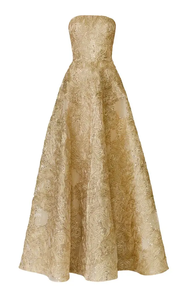 Naeem Khan Metallic Raffia Bustier Strapless Gown - Gold