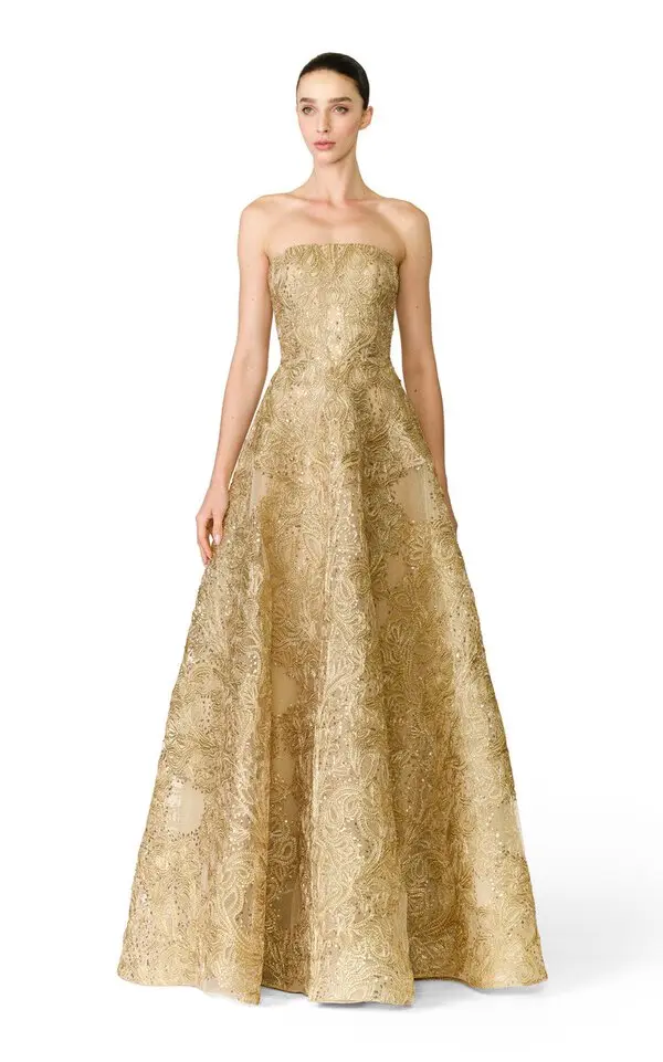 Naeem Khan Metallic Raffia Bustier Strapless Gown - Gold