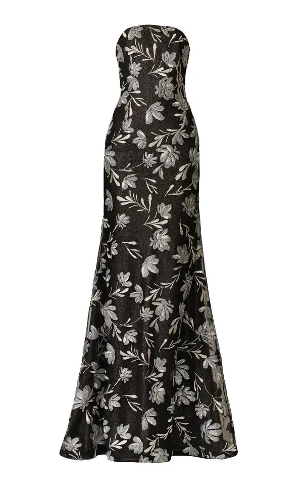 Naeem Khan Metallic Floral Raffia Bustier Strapless Fit-and-flare Gown