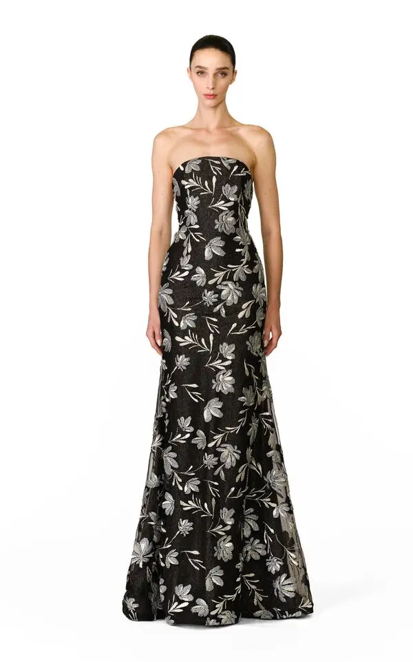 Naeem Khan Metallic Floral Raffia Bustier Strapless Fit-and-flare Gown