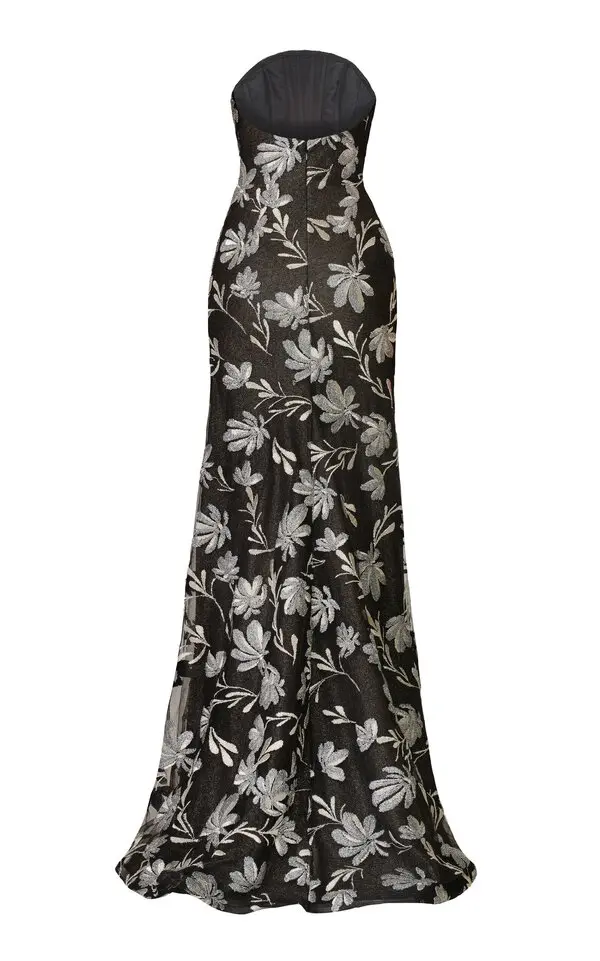 Naeem Khan Metallic Floral Raffia Bustier Strapless Fit-and-flare Gown