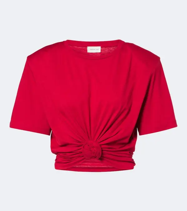 Magda Butrym Cropped Cotton-blend Jersey T-shirt With Knot Detail - Red