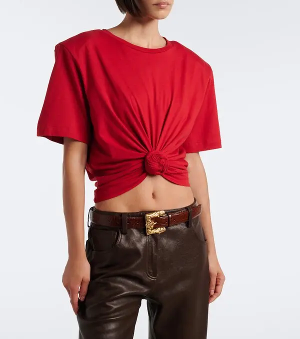 Magda Butrym Cropped Cotton-blend Jersey T-shirt With Knot Detail - Red