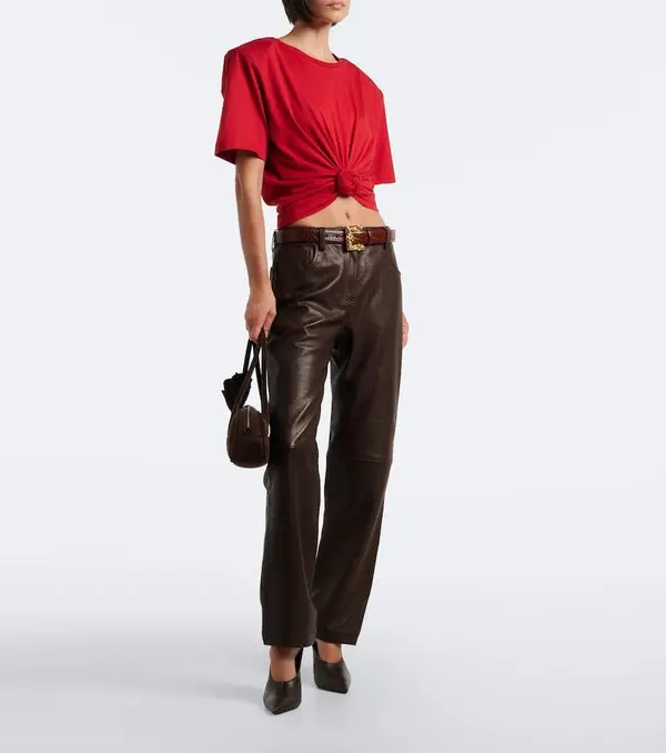 Magda Butrym Cropped Cotton-blend Jersey T-shirt With Knot Detail - Red