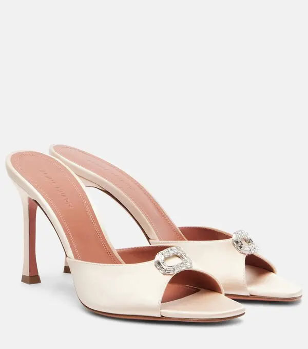 Amina Muaddi Mini Camelia Embellished Satin Mules - Beige