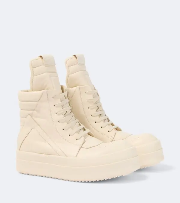 Rick Owens Mega Bumper Geobasket Leather High Top Sneakers - White